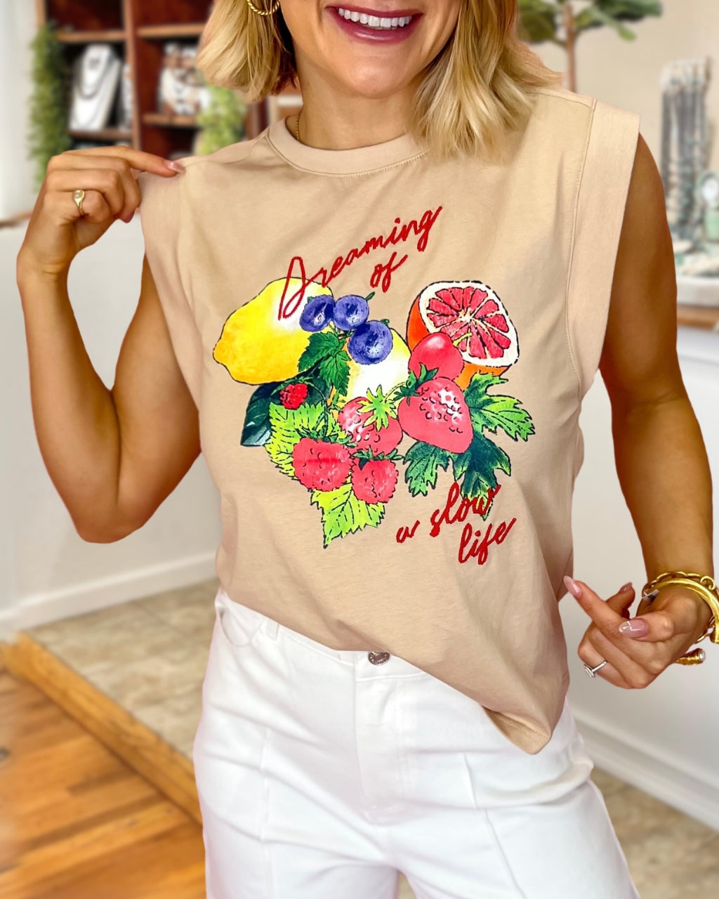 Fruit Print Lettering Embroidered Vest