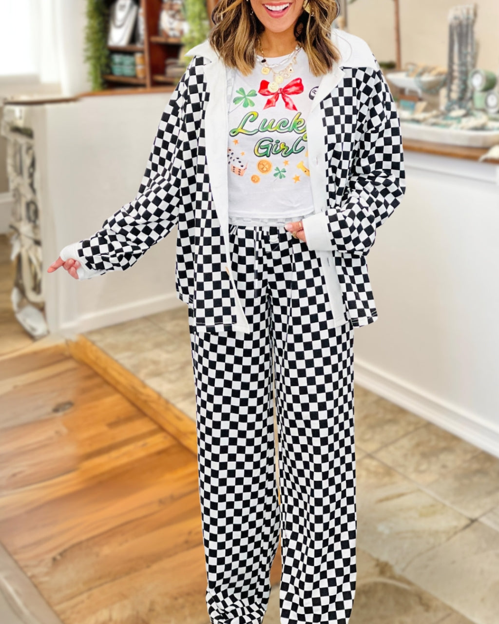 Checkered Oversized Shacket Set